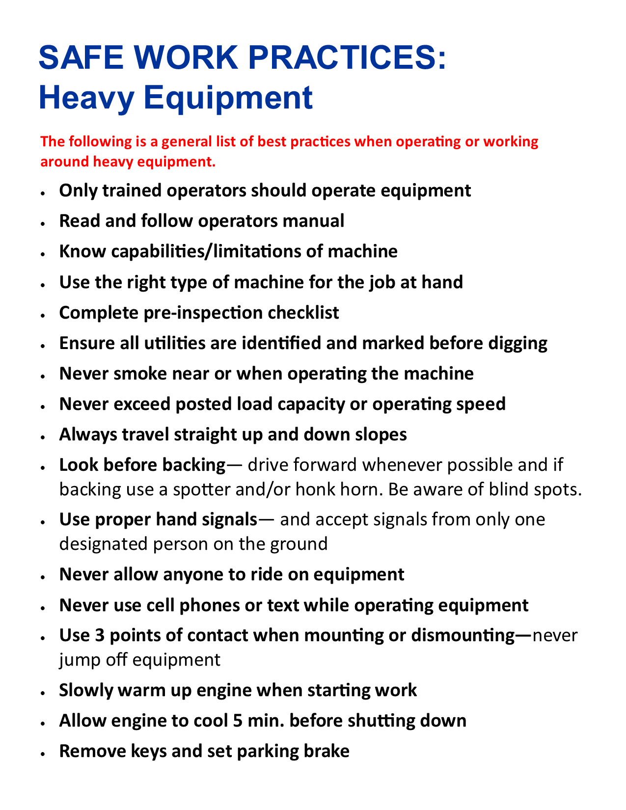 Heavy Equipment Safety Program Template